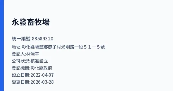 永發畜牧場的照片-統編 88589320(彰化縣) 公司登記資料與營業項目詳細圖表