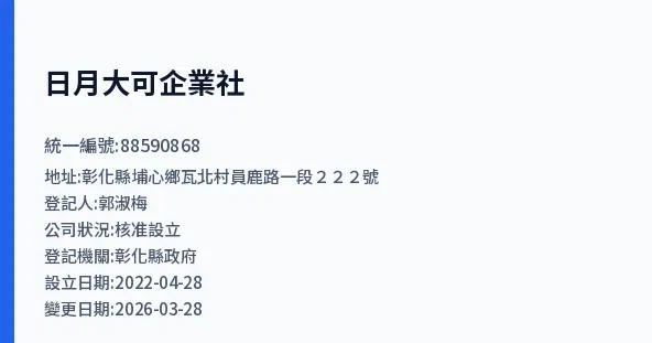 日月大可企業社的照片-統編 88590868(彰化縣) 公司登記資料與營業項目詳細圖表
