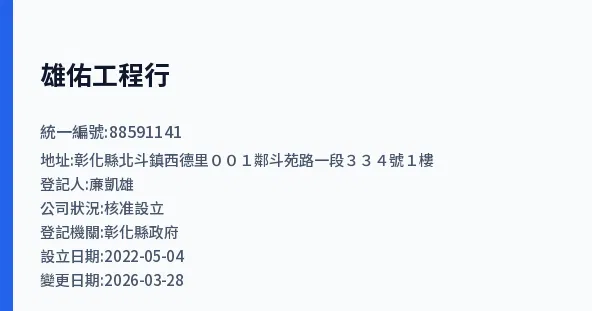 雄佑工程行的照片-統編 88591141(彰化縣) 公司登記資料與營業項目詳細圖表