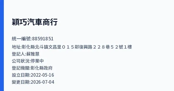 穎巧汽車商行的照片-統編 88591851(彰化縣) 公司登記資料與營業項目詳細圖表