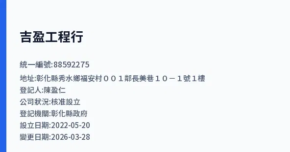 吉盈工程行的照片-統編 88592275(彰化縣) 公司登記資料與營業項目詳細圖表