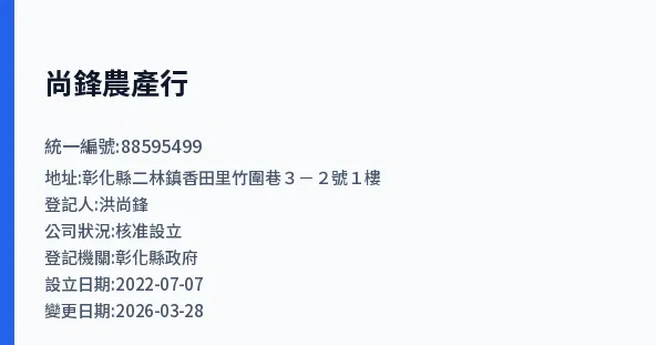 尚鋒農產行的照片-統編 88595499(彰化縣) 公司登記資料與營業項目詳細圖表