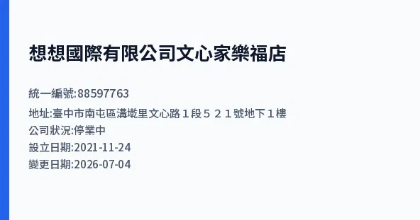 想想國際有限公司文心家樂福店的照片-統編 88597763(臺中市) 公司登記資料與營業項目詳細圖表