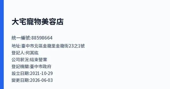 大宅寵物美容店的照片-統編 88598664(臺中市) 公司登記資料與營業項目詳細圖表