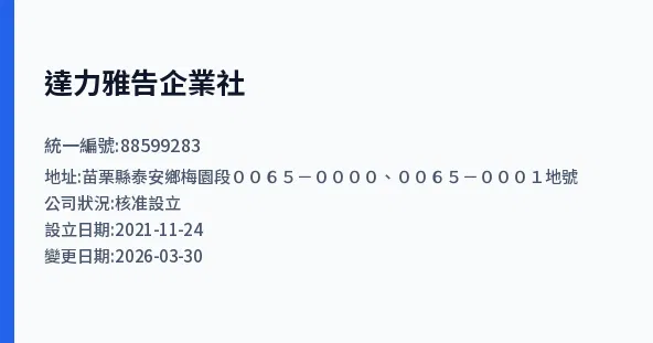 達力雅告企業社的照片-統編 88599283(苗栗縣) 公司登記資料與營業項目詳細圖表