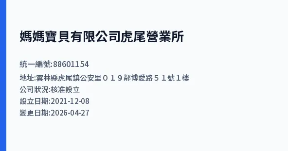 媽媽寶貝有限公司虎尾營業所的照片-統編 88601154(雲林縣) 公司登記資料與營業項目詳細圖表