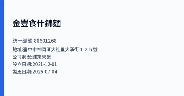金豐食什錦麵的照片-統編 88601268(臺中市) 公司登記資料與營業項目詳細圖表