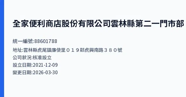全家便利商店股份有限公司雲林縣第二一門市部的照片-統編 88601788(雲林縣) 公司登記資料與營業項目詳細圖表