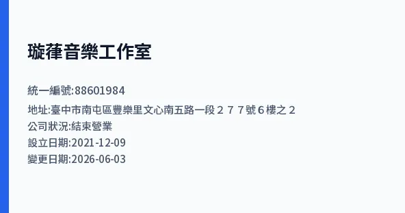 璇葎音樂工作室的照片-統編 88601984(臺中市) 公司登記資料與營業項目詳細圖表