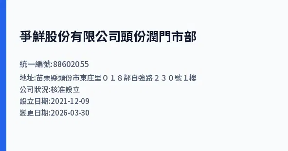 爭鮮股份有限公司頭份潤門市部的照片-統編 88602055(苗栗縣) 公司登記資料與營業項目詳細圖表