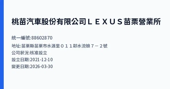 桃苗汽車股份有限公司LEXUS苗栗營業所的照片-統編 88602870(苗栗縣) 公司登記資料與營業項目詳細圖表