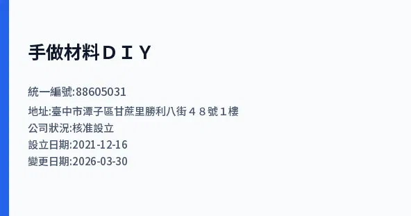 手做材料DIY的照片-統編 88605031(臺中市) 公司登記資料與營業項目詳細圖表
