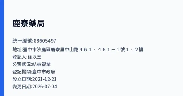 鹿寮藥局的照片-統編 88605497(臺中市) 公司登記資料與營業項目詳細圖表