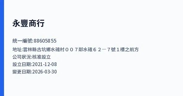 永豐商行的照片-統編 88605855(雲林縣) 公司登記資料與營業項目詳細圖表