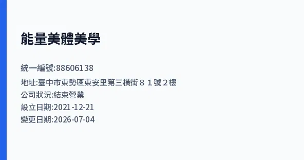 能量美體美學的照片-統編 88606138(臺中市) 公司登記資料與營業項目詳細圖表