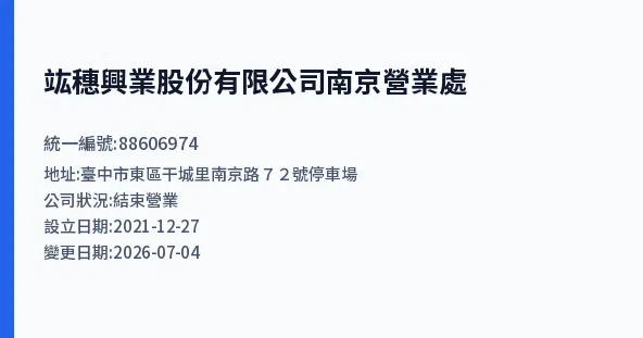 竑穗興業股份有限公司南京營業處的照片-統編 88606974(臺中市) 公司登記資料與營業項目詳細圖表