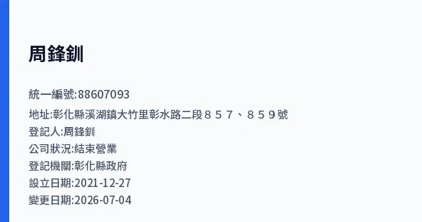 周鋒釧的照片-統編 88607093(彰化縣) 公司登記資料與營業項目詳細圖表