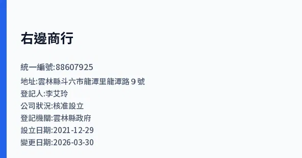 右邊商行的照片-統編 88607925(雲林縣) 公司登記資料與營業項目詳細圖表