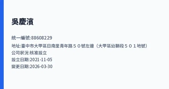 吳慶濱的照片-統編 88608229(臺中市) 公司登記資料與營業項目詳細圖表