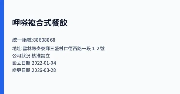 呷嗏複合式餐飲的照片-統編 88608868(雲林縣) 公司登記資料與營業項目詳細圖表