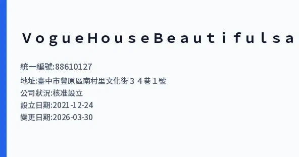 Vogue House Beautiful salon時尚屋完美女人的照片-統編 88610127(臺中市) 公司登記資料與營業項目詳細圖表