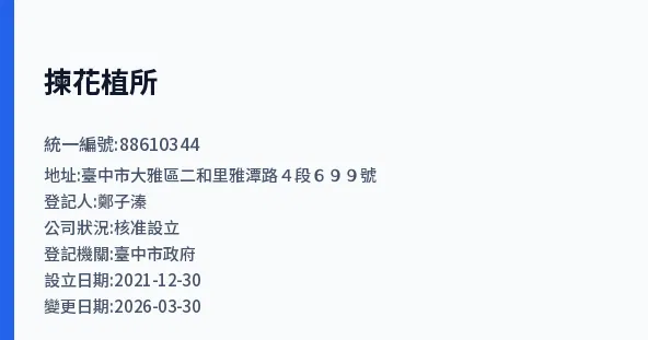 揀花植所的照片-統編 88610344(臺中市) 公司登記資料與營業項目詳細圖表