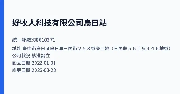 好牧人科技有限公司烏日站的照片-統編 88610371(臺中市) 公司登記資料與營業項目詳細圖表