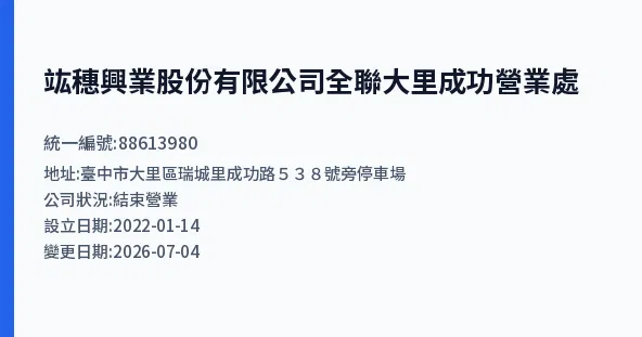竑穗興業股份有限公司全聯大里成功營業處的照片-統編 88613980(臺中市) 公司登記資料與營業項目詳細圖表