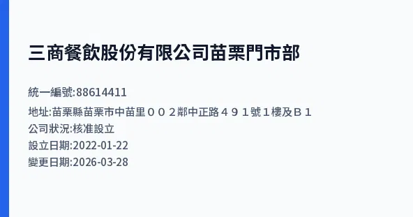 三商餐飲股份有限公司苗栗門市部的照片-統編 88614411(苗栗縣) 公司登記資料與營業項目詳細圖表