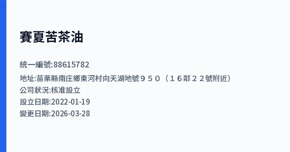 賽夏苦茶油的照片-統編 88615782(苗栗縣) 公司登記資料與營業項目詳細圖表