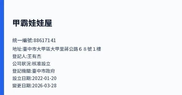 甲霸娃娃屋的照片-統編 88617141(臺中市) 公司登記資料與營業項目詳細圖表