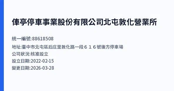 俥亭停車事業股份有限公司北屯敦化營業所的照片-統編 88618508(臺中市) 公司登記資料與營業項目詳細圖表