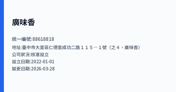 廣味香的照片-統編 88618818(臺中市) 公司登記資料與營業項目詳細圖表