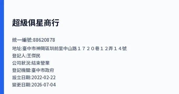 超級俱星商行的照片-統編 88620878(臺中市) 公司登記資料與營業項目詳細圖表