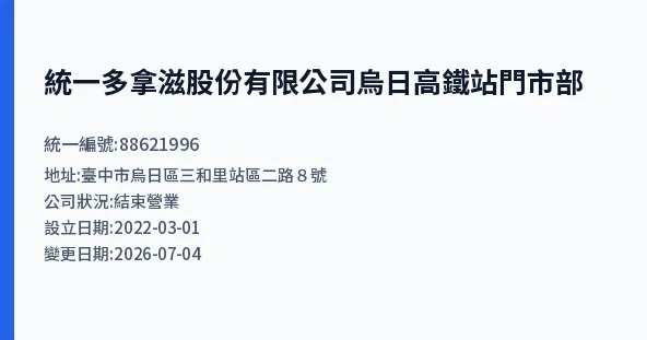 統一多拿滋股份有限公司烏日高鐵站門市部的照片-統編 88621996(臺中市) 公司登記資料與營業項目詳細圖表
