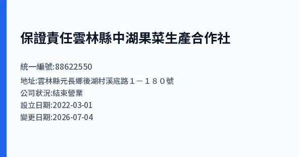 保證責任雲林縣中湖果菜生產合作社的照片-統編 88622550(雲林縣) 公司登記資料與營業項目詳細圖表