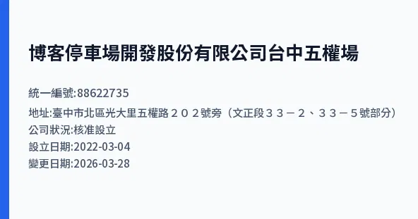 博客停車場開發股份有限公司台中五權場的照片-統編 88622735(臺中市) 公司登記資料與營業項目詳細圖表