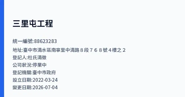 三里屯工程的照片-統編 88623283(臺中市) 公司登記資料與營業項目詳細圖表