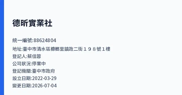 德昕實業社的照片-統編 88624804(臺中市) 公司登記資料與營業項目詳細圖表