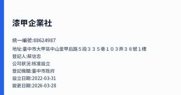 漆甲企業社的照片-統編 88624987(臺中市) 公司登記資料與營業項目詳細圖表