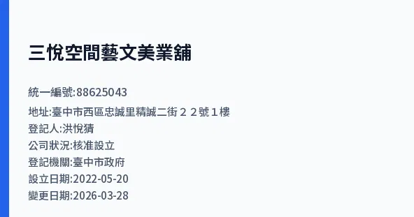 三悅空間藝文美業舖的照片-統編 88625043(臺中市) 公司登記資料與營業項目詳細圖表