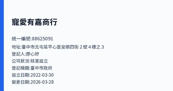 寵愛有嘉商行的照片-統編 88625091(臺中市) 公司登記資料與營業項目詳細圖表