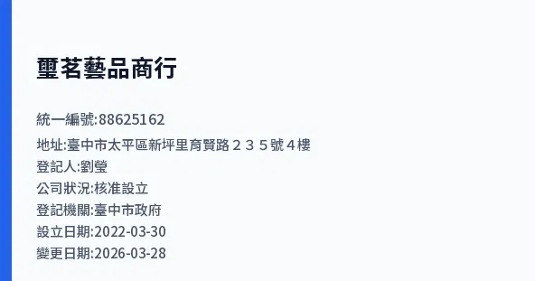 璽茗藝品商行的照片-統編 88625162(臺中市) 公司登記資料與營業項目詳細圖表