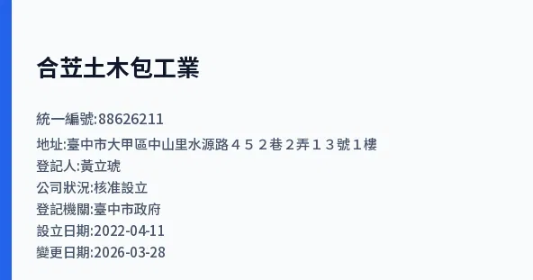 合苙土木包工業的照片-統編 88626211(臺中市) 公司登記資料與營業項目詳細圖表