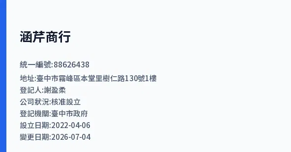 涵芹商行的照片-統編 88626438(臺中市) 公司登記資料與營業項目詳細圖表