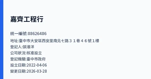 嘉齊工程行的照片-統編 88626486(臺中市) 公司登記資料與營業項目詳細圖表