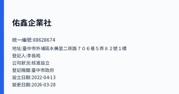 佑鑫企業社的照片-統編 88628674(臺中市) 公司登記資料與營業項目詳細圖表