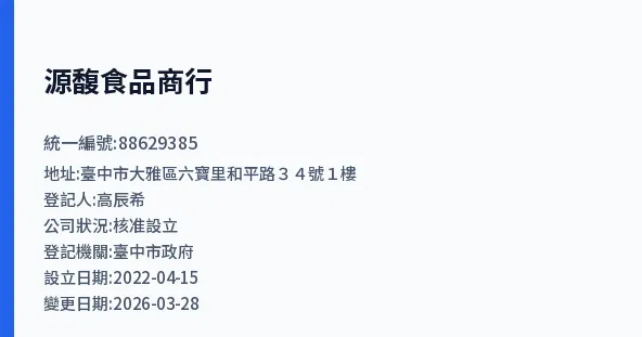 源馥食品商行的照片-統編 88629385(臺中市) 公司登記資料與營業項目詳細圖表