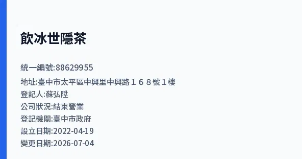 飲冰世隱茶的照片-統編 88629955(臺中市) 公司登記資料與營業項目詳細圖表