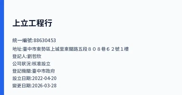 上立工程行的照片-統編 88630453(臺中市) 公司登記資料與營業項目詳細圖表